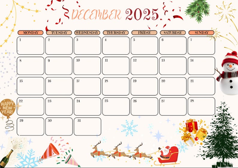 December 2025 Calendar Printable | Christmas Monthly Planner | Holiday ...