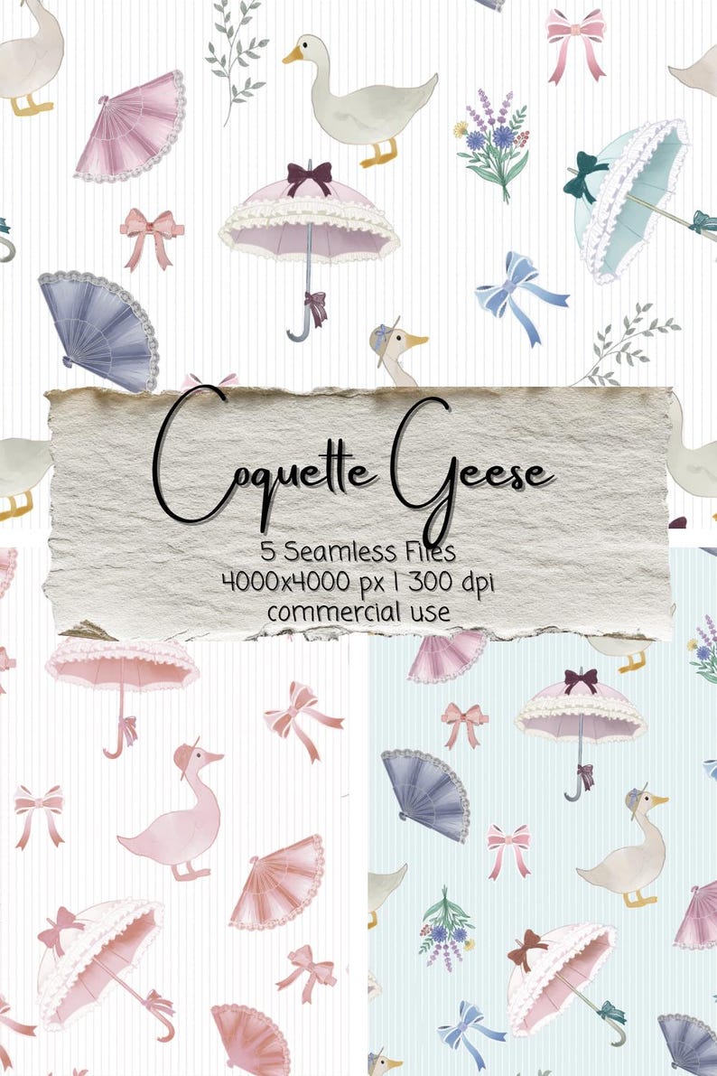 Coquette Goose Seamless Pattern, Vintage Pink Bows and Parasol Digital ...