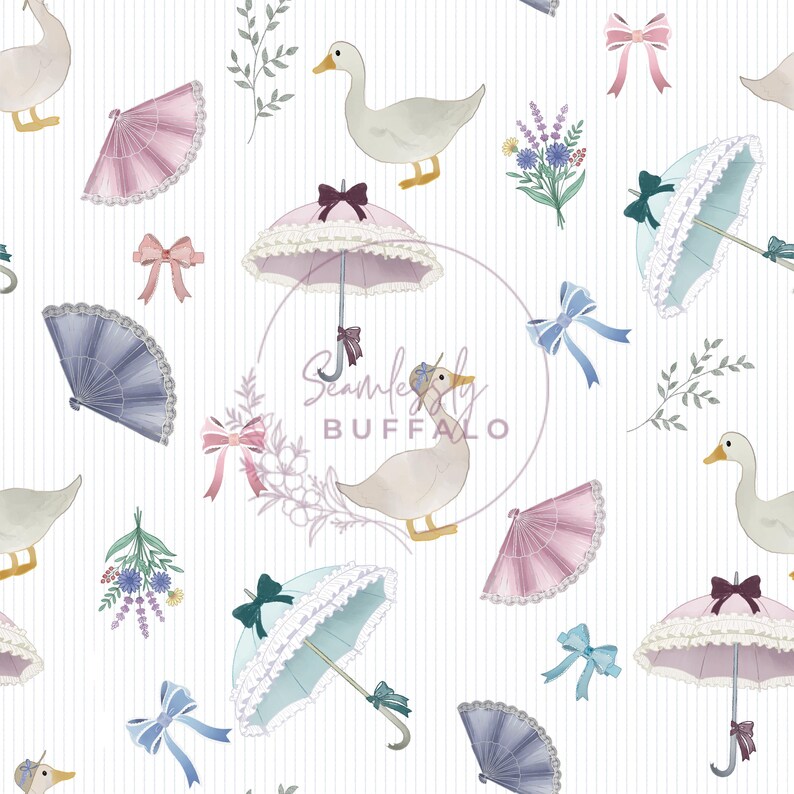 Coquette Goose Seamless Pattern, Vintage Pink Bows and Parasol Digital ...