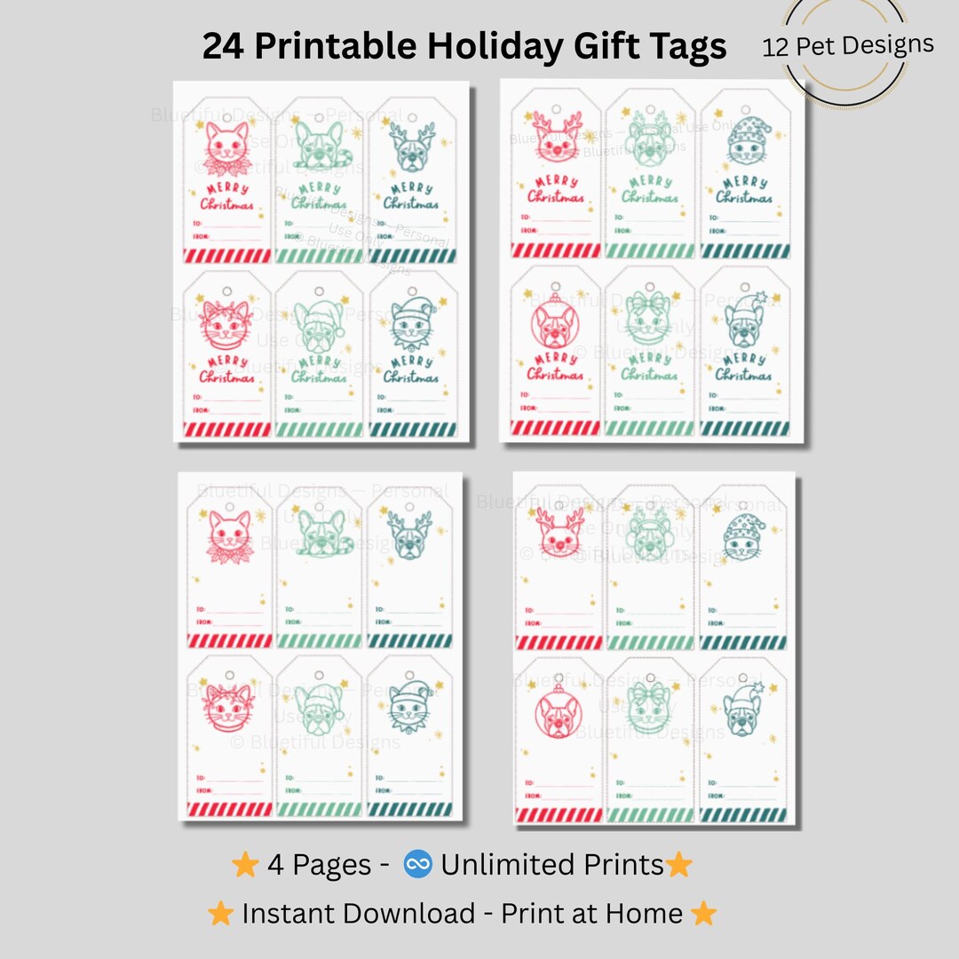 24 Printable Christmas Gift Tags | Pet Themed Holiday Tags | Dog & Cat ...