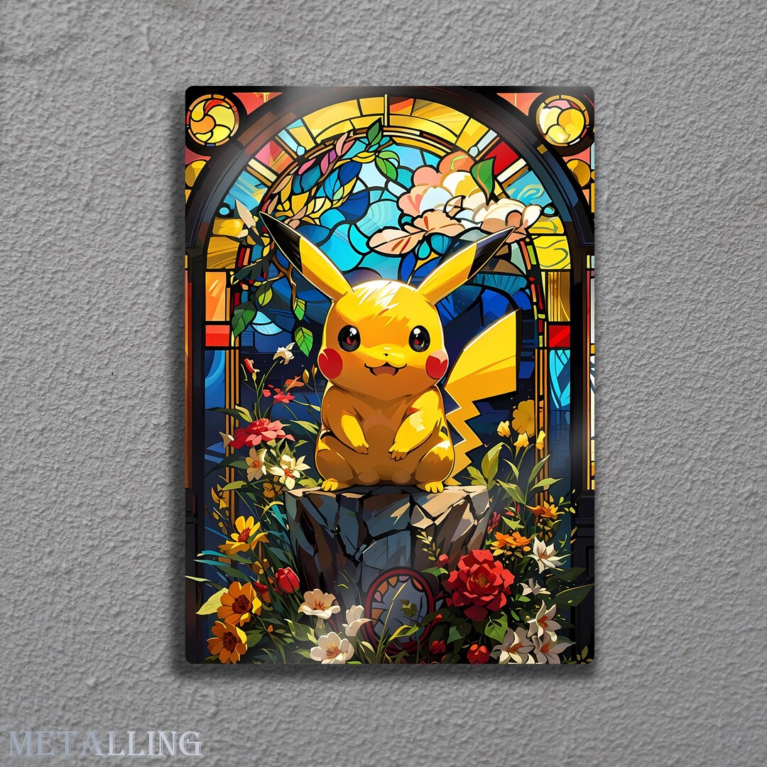 Pikachu Metal Wall Art, Pokémon Stained Glass Poster, Floral Anime ...