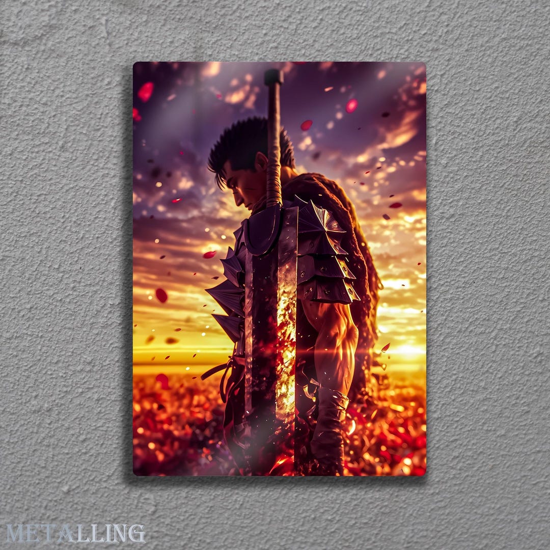 Guts at Sunset Metal Poster, Berserk Wall Art, the Black Swordsman With ...