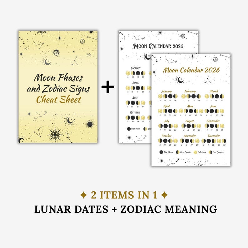2026 Moon Calendar Bundle: Phases & Zodiac Cheat Sheet (digital ...