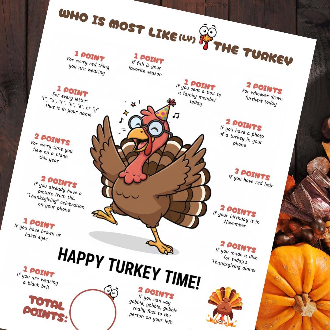 Fall Family Fun Printable Game Turkey Game Thanksgiving Activity Dinner ...