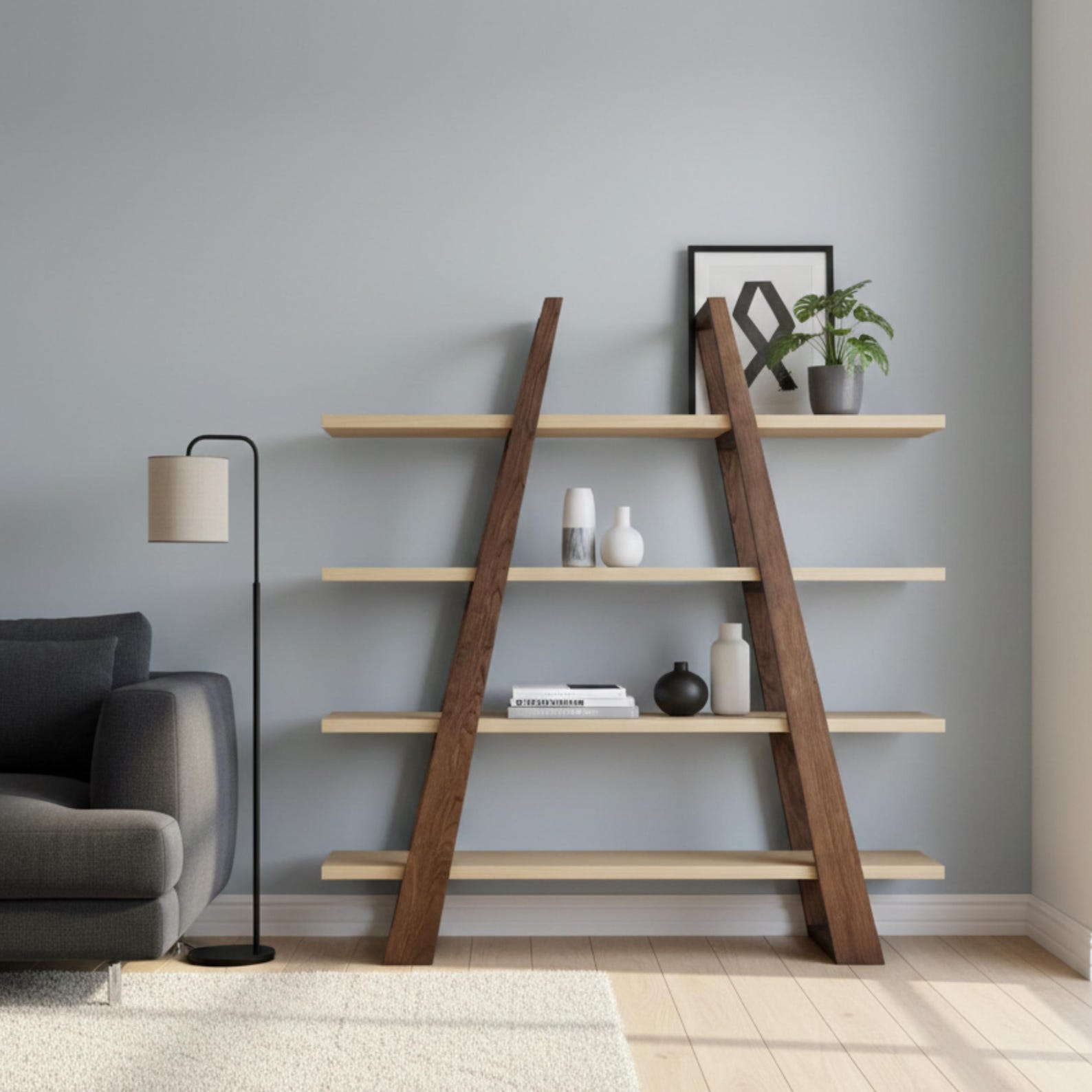 Modern A-frame Wooden Bookcase | Solid Wood Ladder Shelf | Scandinavian ...