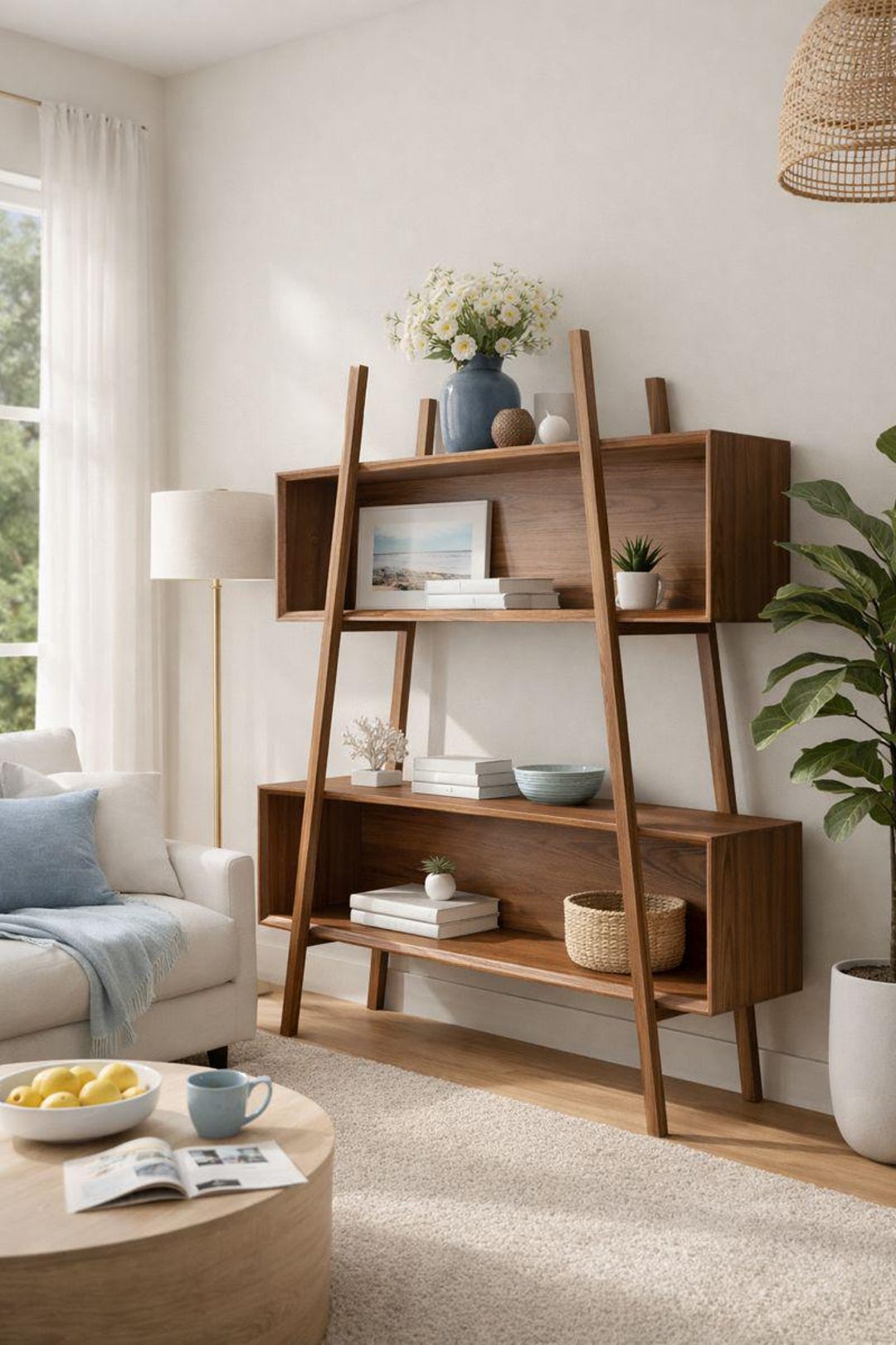Scandinavian Ladder Bookshelf-minimal Walnut Ladder Shelf-natural Wood ...