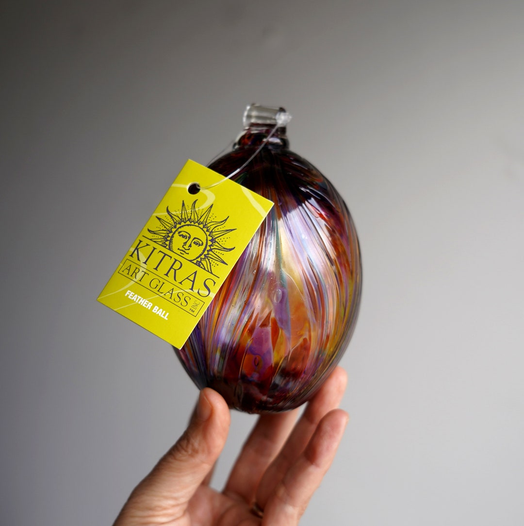 Kitras Art Glass 5" Feather "witch Ball" Glass Suncatcher Ornament With ...