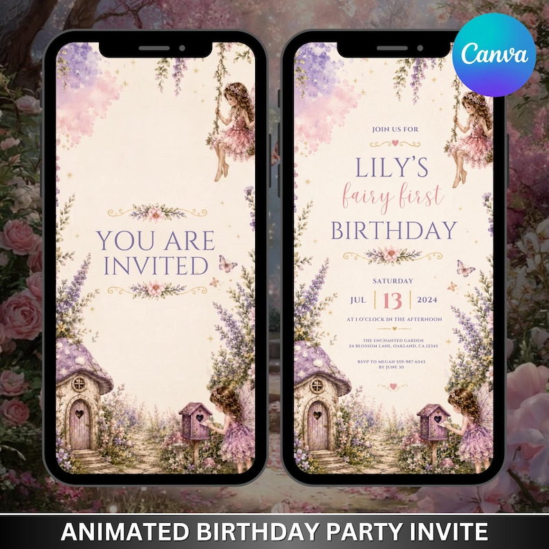 Animated Fairy First Birthday Invitation, Enchanted Garden Girl 1st ...