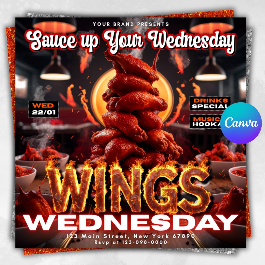 Editable Wings on Wednesdays Flyer Template, Designed for Bar, Grill ...