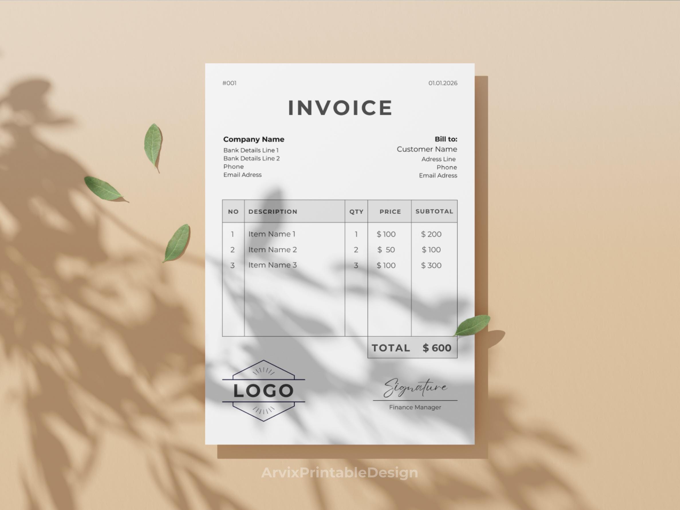 Minimalist Invoice Template | Modern Simple Invoice for Small Business ...