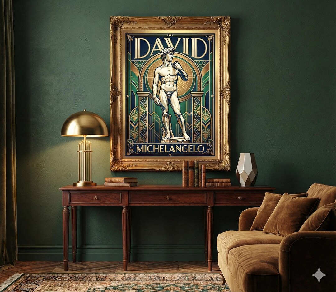 Art Deco Michelangelo David Statue Poster, Gold and Green Wall Art ...