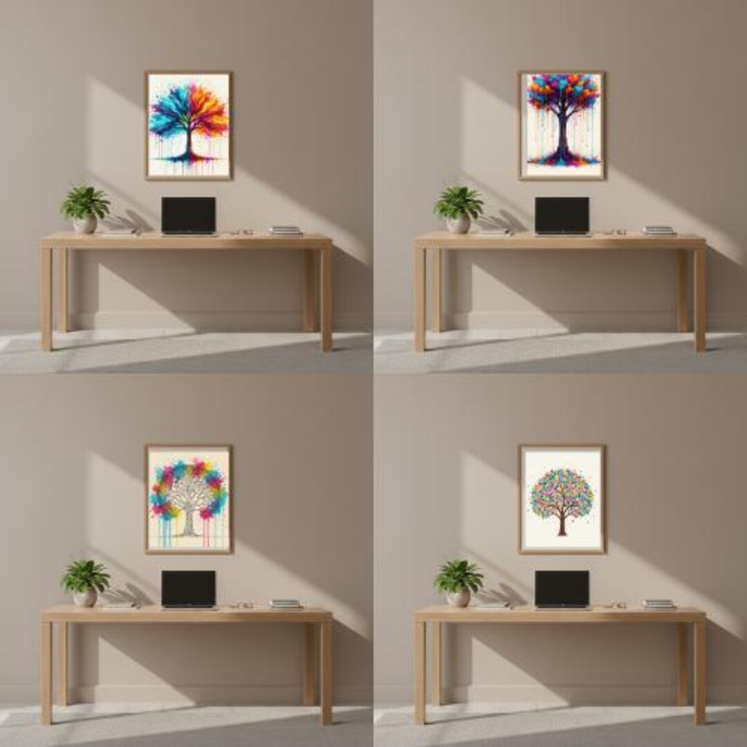 Abstract Floral Wall Design Set of 4 | Colourful Dot Leaves | Digital ...