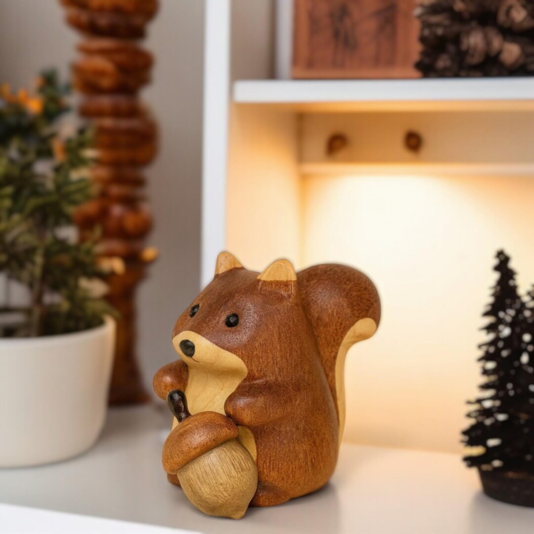 Hand Carved Wooden Squirrel Figurine Holding Nut for Home or Office ...