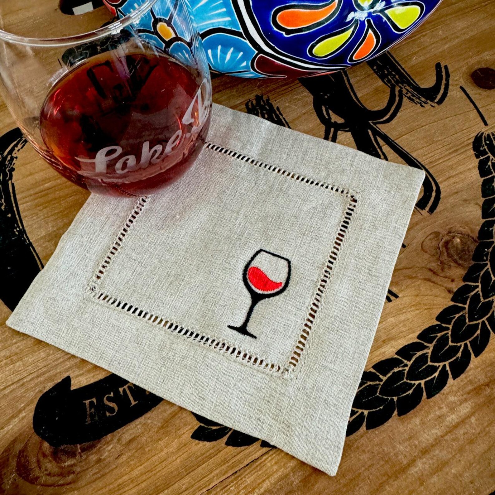 Wine Embroidered Cloth Cocktail Napkins, Set of 4, Wine Glass Linen ...