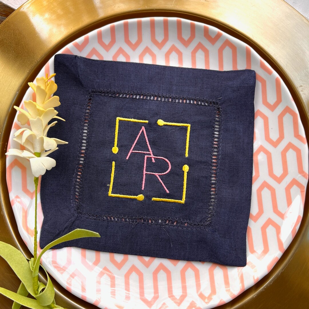 Classic Border Frame Monogrammed Cocktail Napkins, Set of 4, Cocktail ...