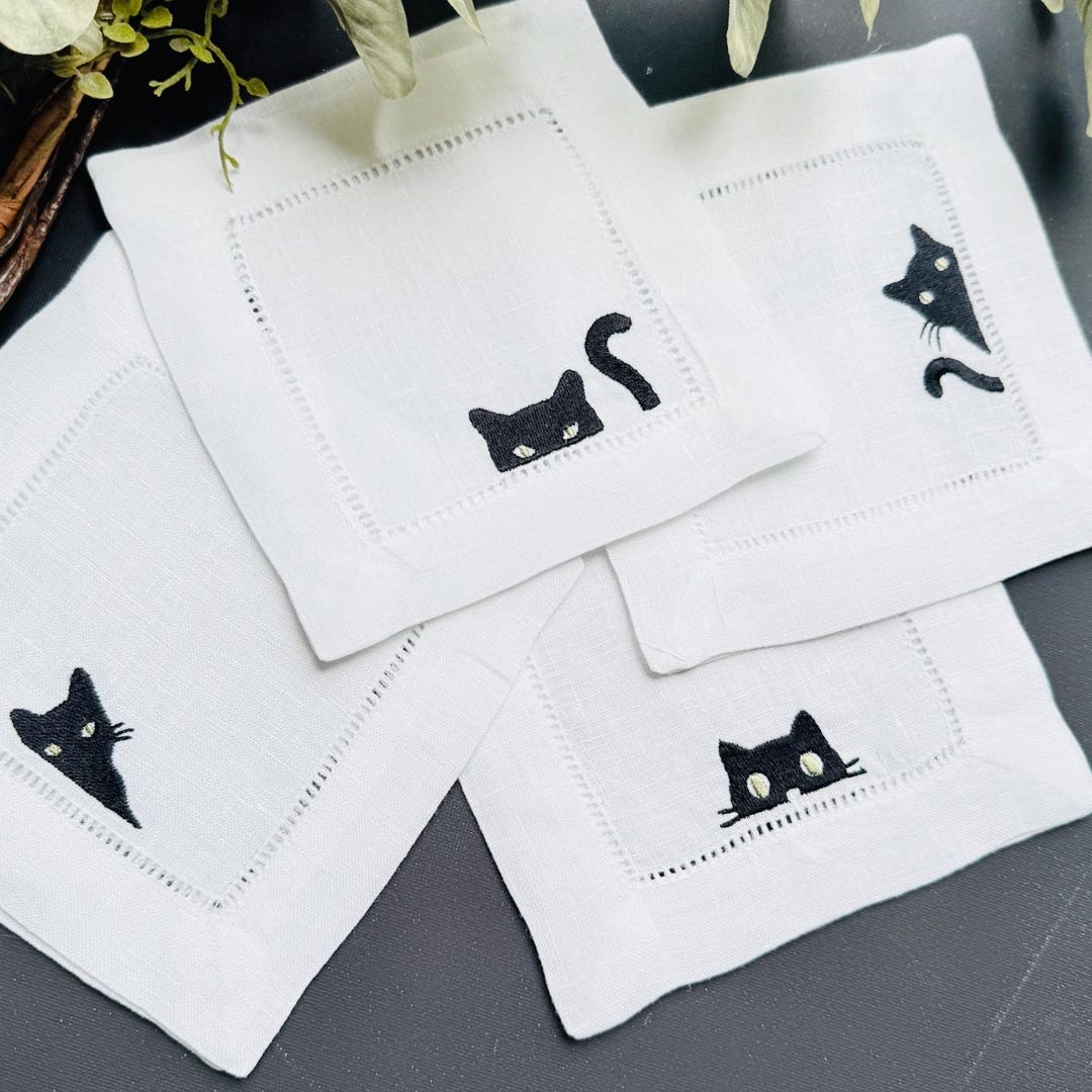 Black Cat Cocktail Napkins, Set of 4, Black Cat Embroidered Linen ...
