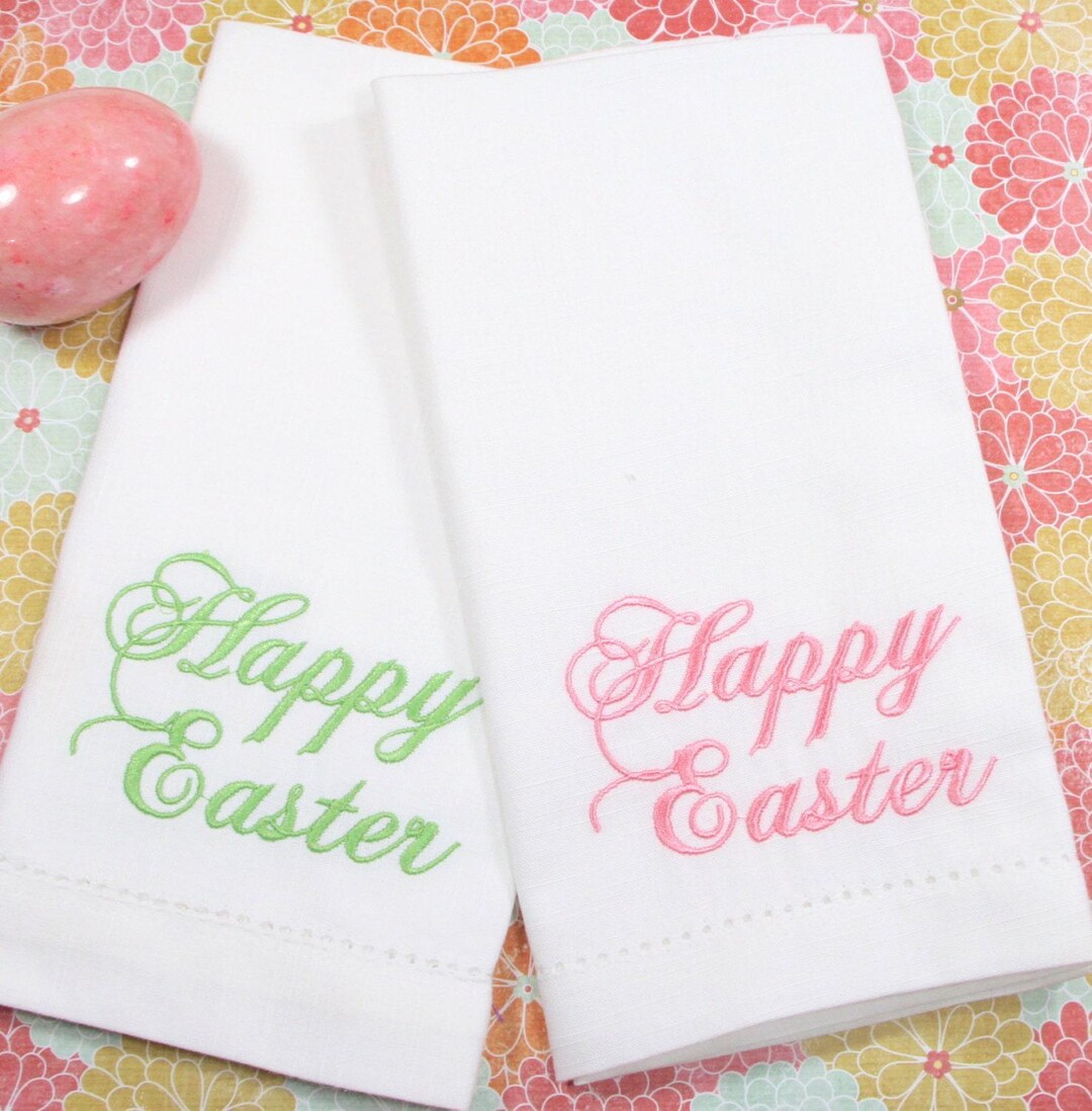 Happy Easter Napkins Script Embroidered Cloth Set of 4, Easter ...