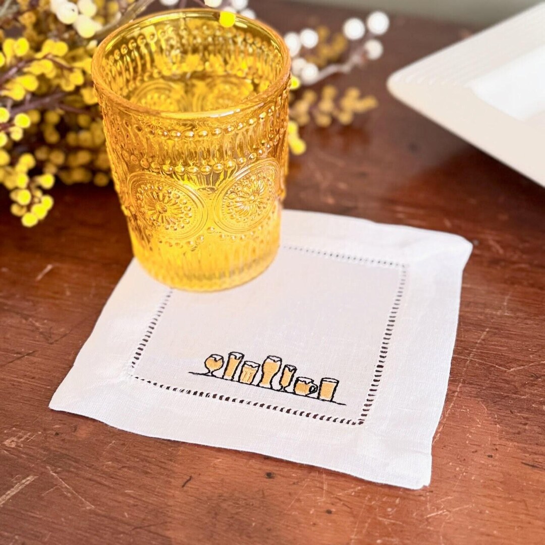 Beer Glasses Embroidered Cloth Cocktail Napkins Set of 4, Beer Linen ...