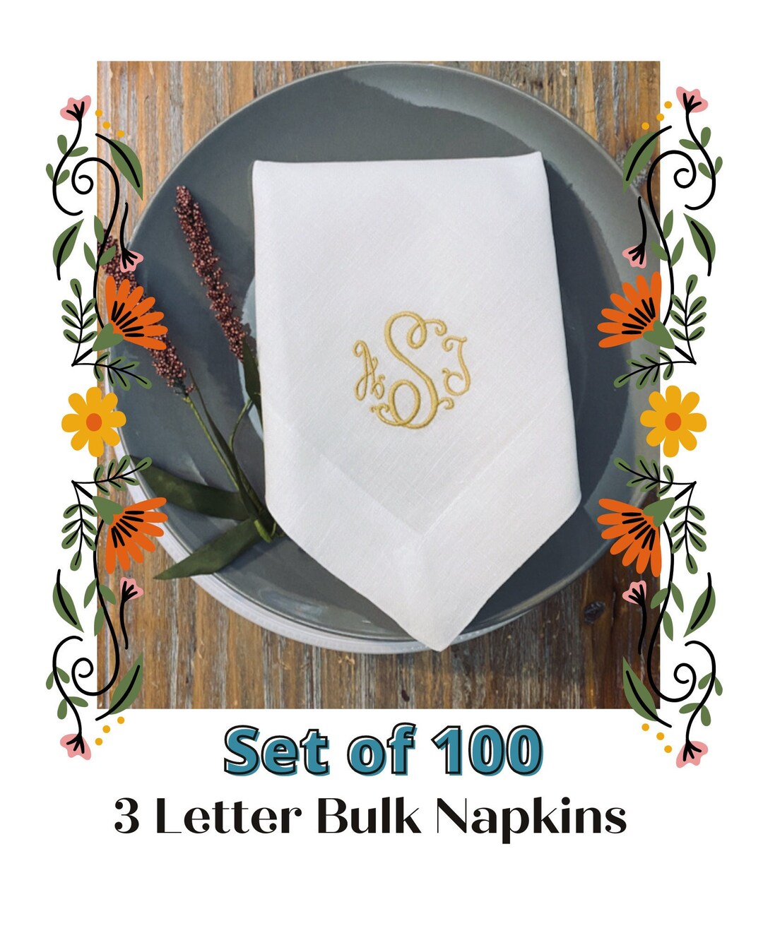 Set of 100, Bulk Monogrammed Cloth Wedding Napkins, Linen Napkins, 3 ...