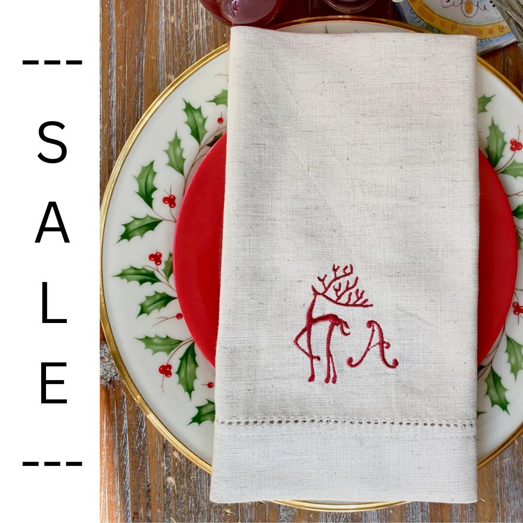SALE Christmas Reindeer "a" Monogrammed Cloth Linen Napkins, Set of 4 ...