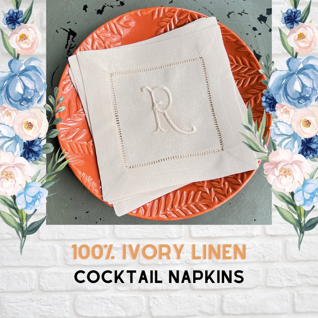 Ivory Monogrammed Linen Cocktail Napkins, Set of 4, Ivory Cocktail ...