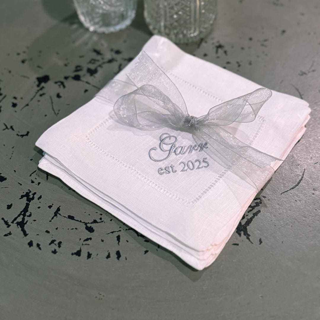 Custom Wedding Date Name Monogrammed Embroidered Linen Cocktail Napkins ...