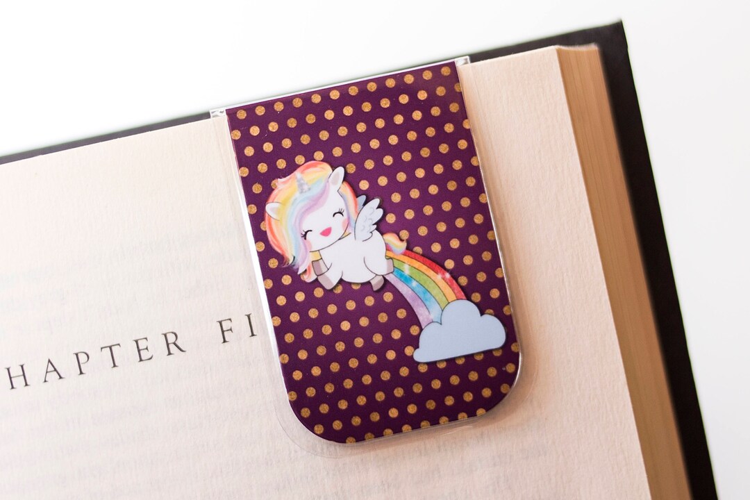 Rainbow Pooping Unicorn Bookmark Laminated Magnetic Polka Dot Gold ...