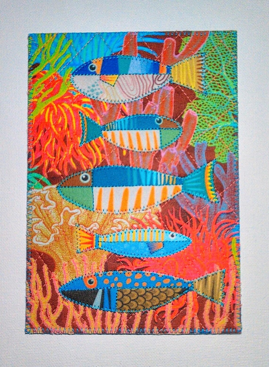 I SPY A FISH EYE 5x7 Large Fabric Postcard *aqua Greens Blues Corals ...