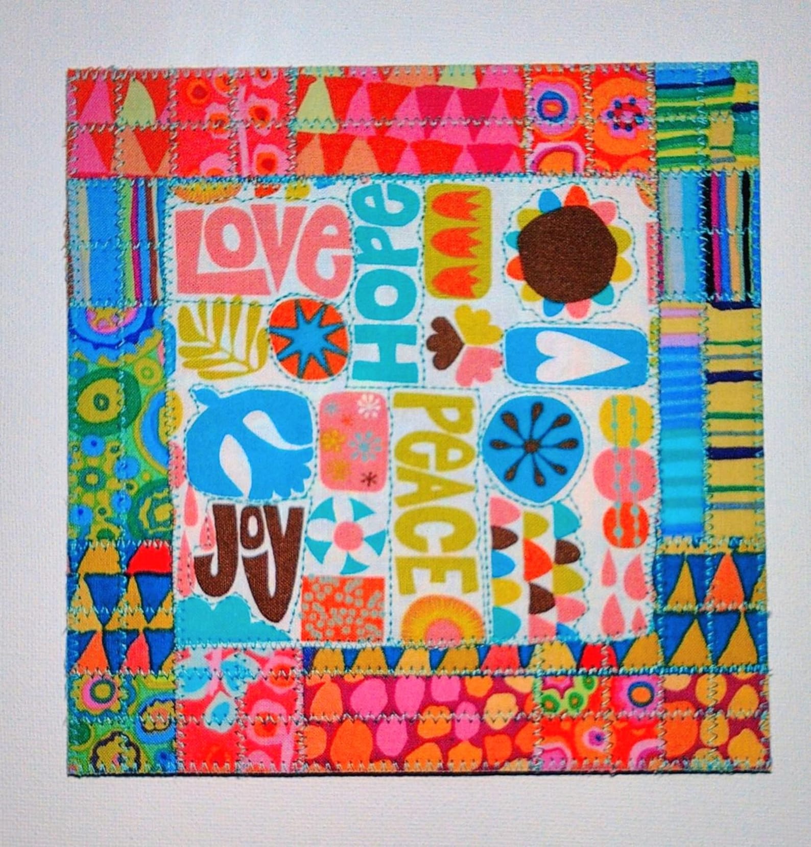 POSITIVE WORDS Collage 6x6 Fabric Postcard Quilted Appliqued *love Hope ...