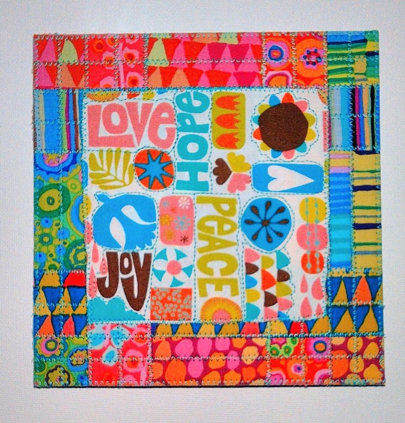 POSITIVE WORDS Collage 6x6 Fabric Postcard Quilted Appliqued *love Hope ...