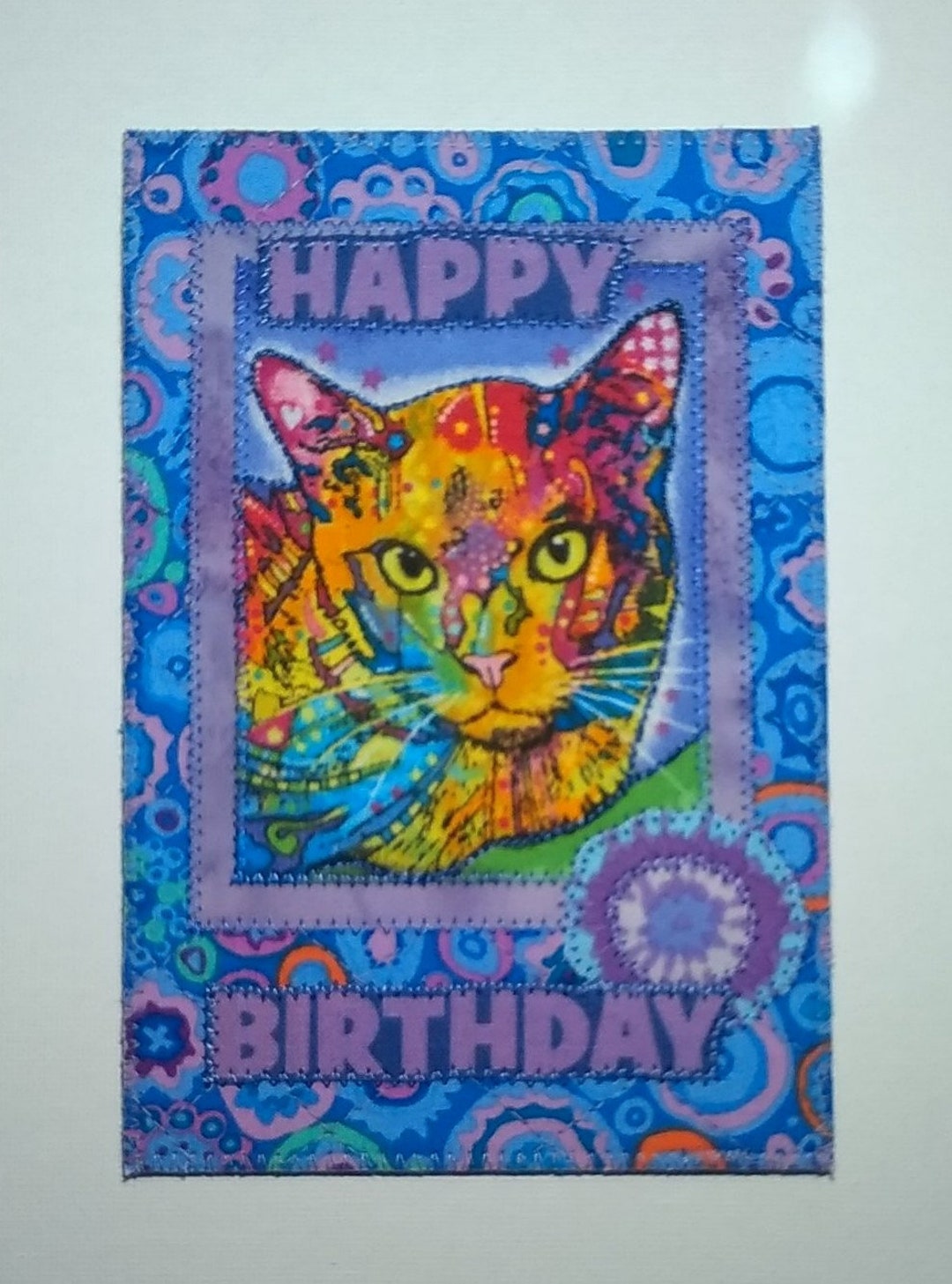 CAT Happy Birthday Purples Fabric Postcard Cat Lover Birthday Card Fun ...