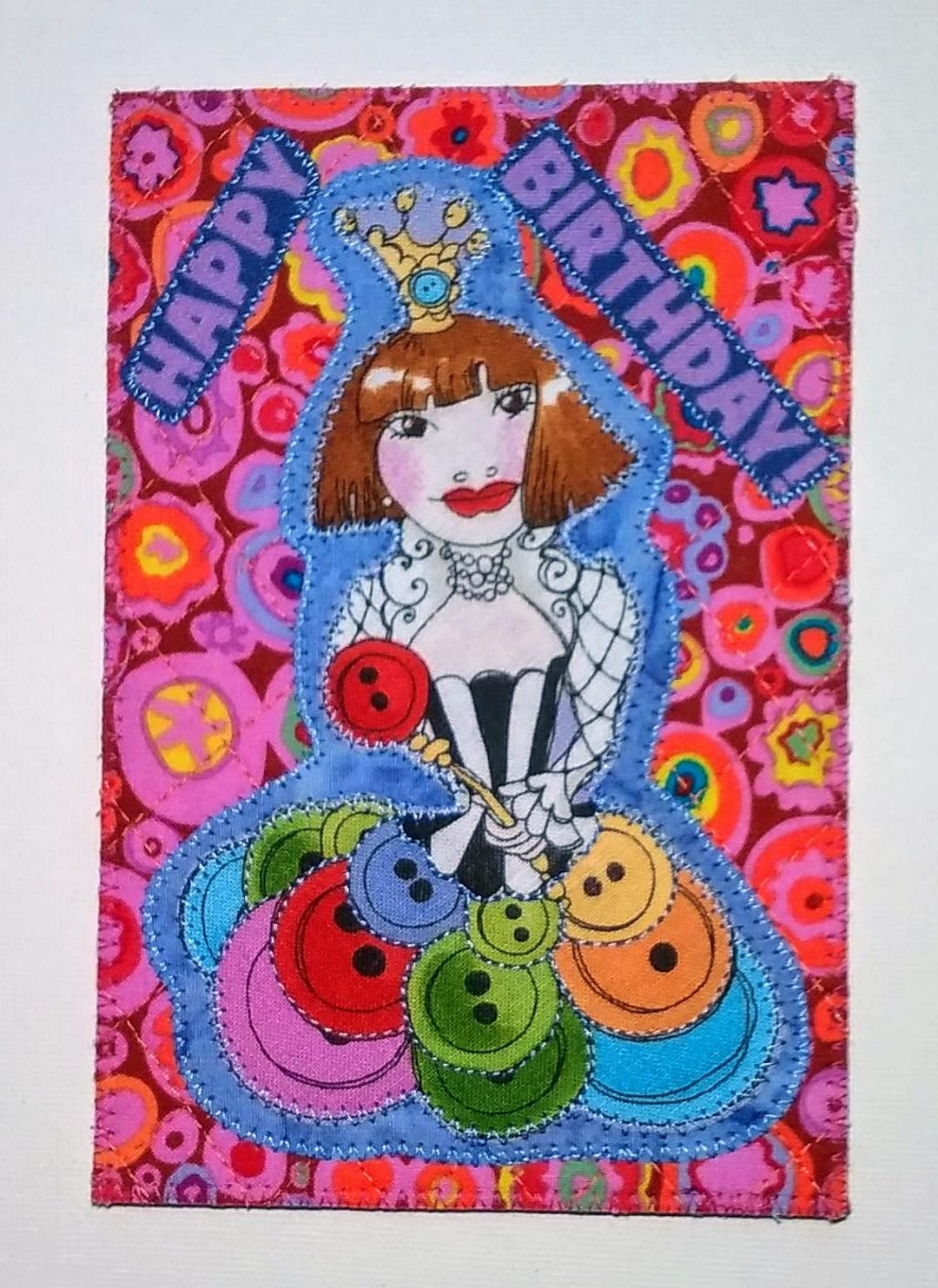 SEWING Buttons QUEEN BIRTHDAY 4x6 Fabric Postcard Card Birthday Mom Her ...