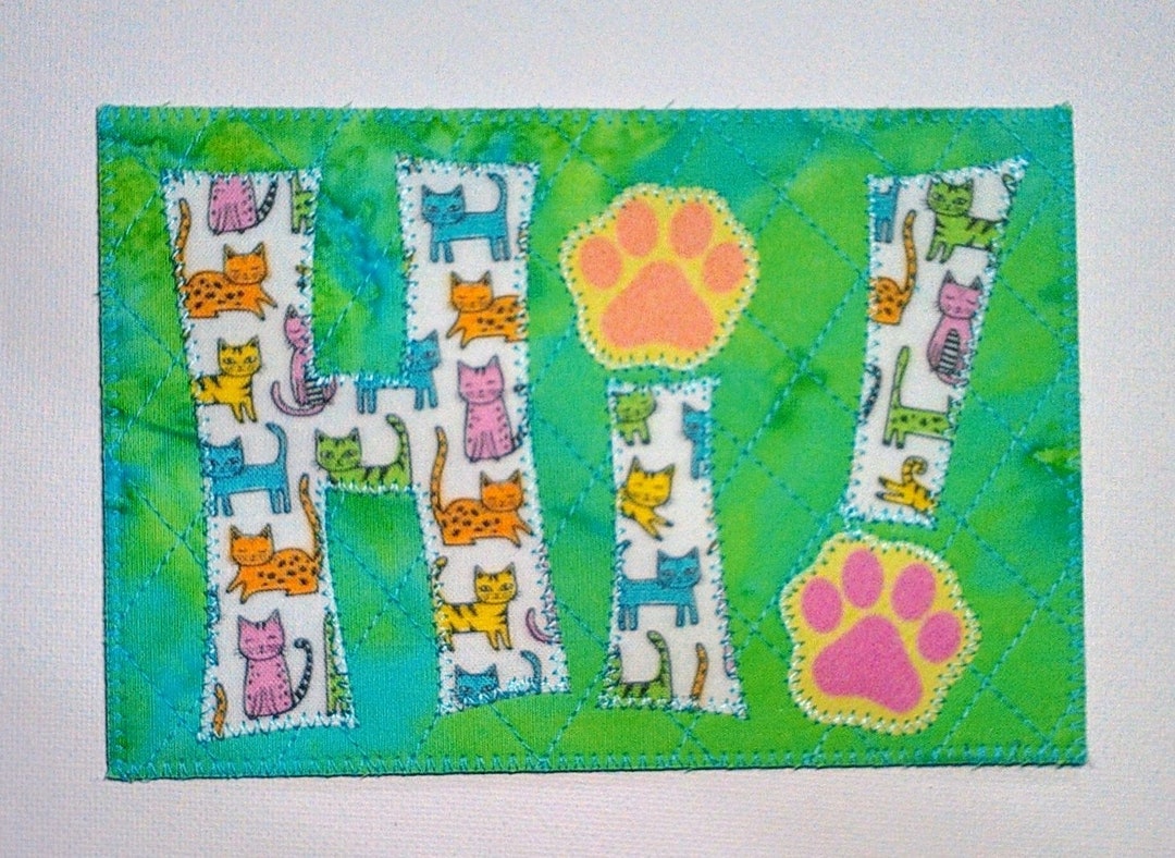 HI! CATS 4"x6" Fabric Postcard Her Him Child Family Friend Birthday ...