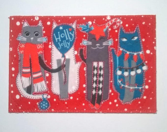HOLLY JOLLY CATS 4x6 Fabric Postcard Card Birthday Her Him Child ...