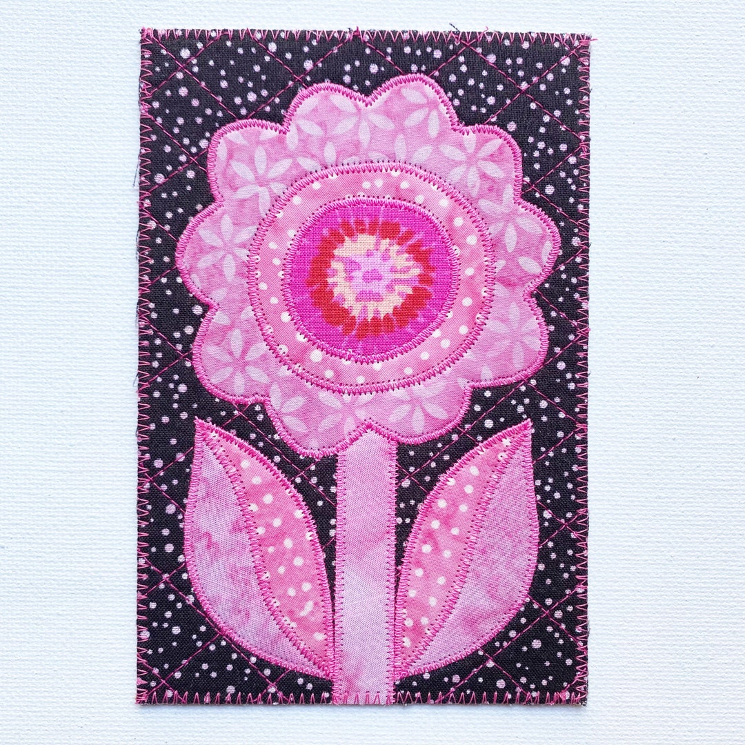 WHIMSICAL FLOWER 4"x6" Fabric Postcard Quilted Applique *pink and Black ...