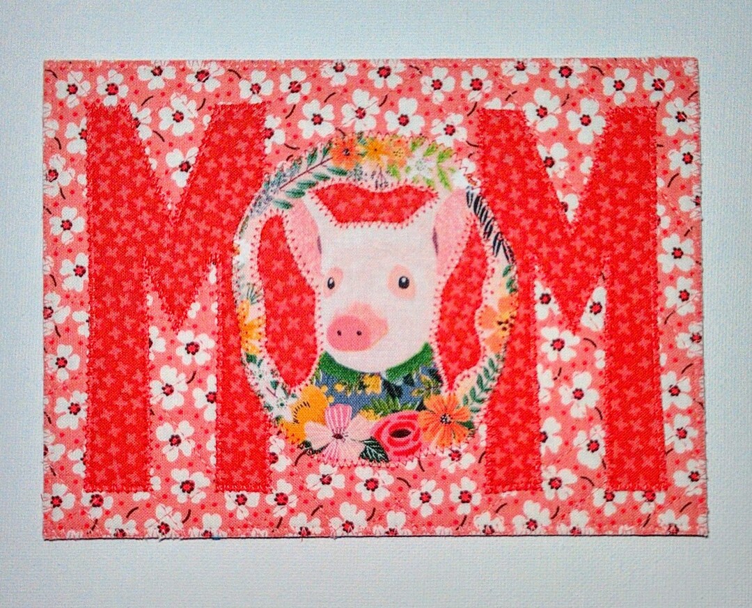 PIG MOM 5"x7" Large Fabric Postcard Quilted Appliqued *coral Color ...
