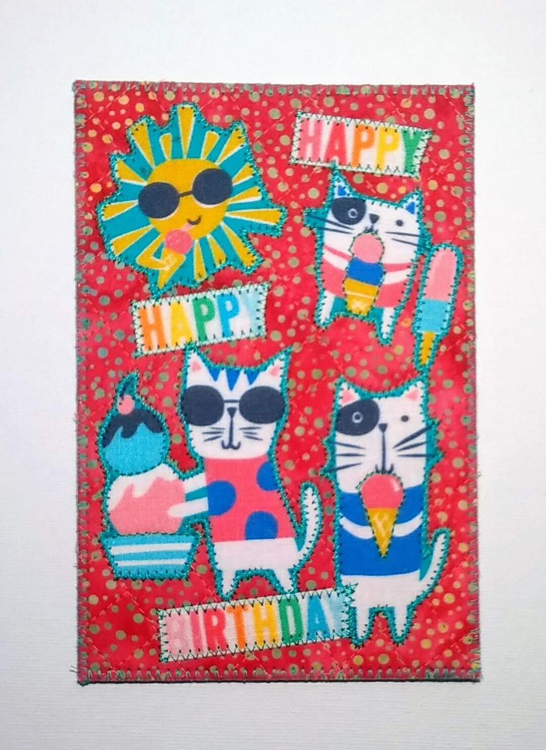 CATS and ICE CREAM Happy Birthday 4x6 Fabric Postcard Cat Lover ...