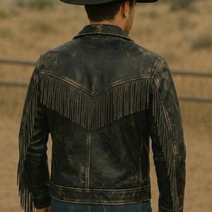 Mens Western Fringe Cowboy Jacket Distressed Black Real Leather Coat ...