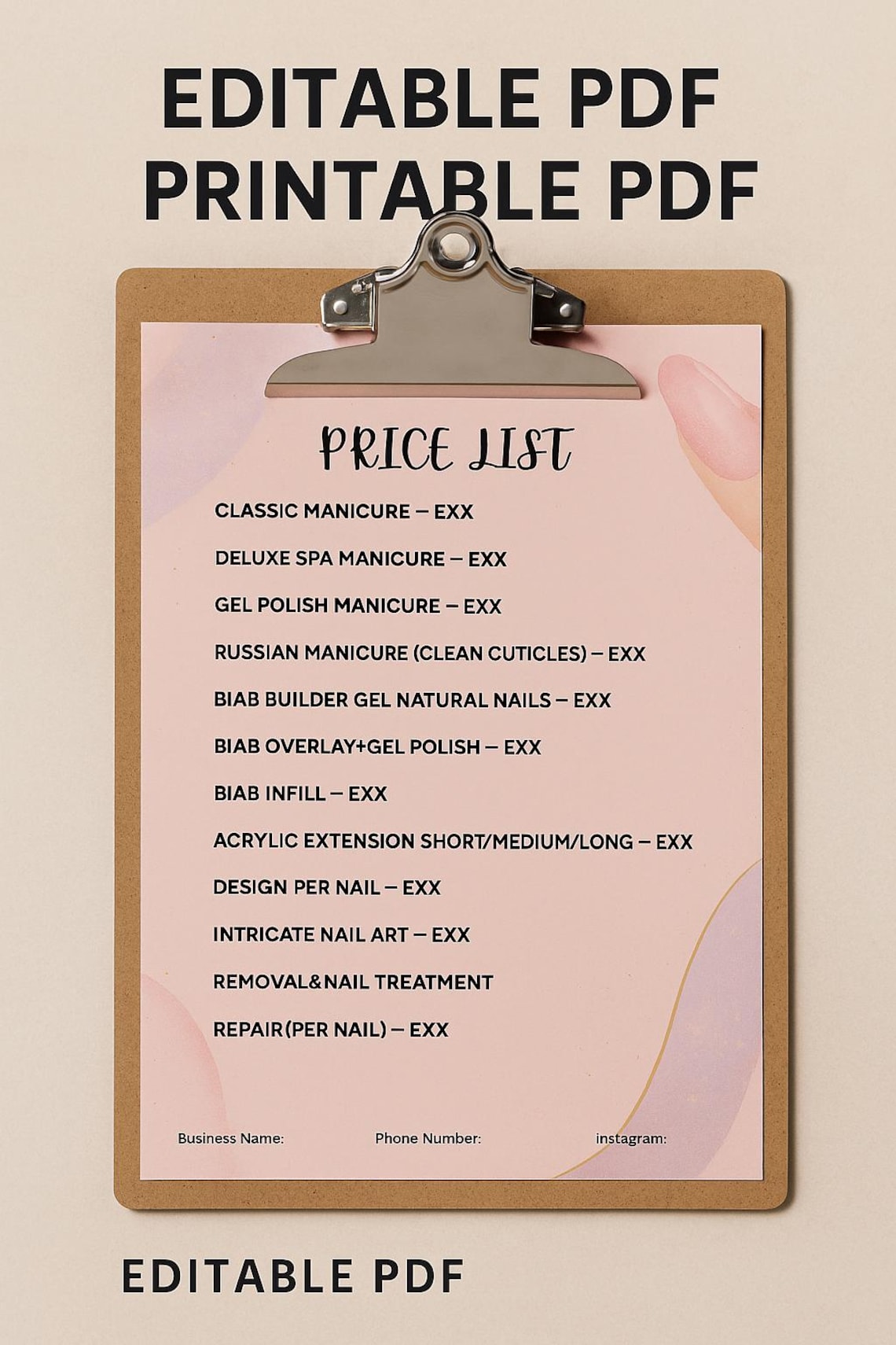 Editable Nail Salon Price List Template | Pink & Gold Design (PDF) - Etsy