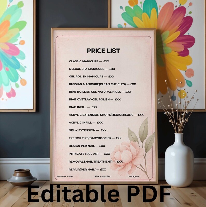 Nail Salon Price List Template | Editable PDF Menu | Manicure & Acrylic ...