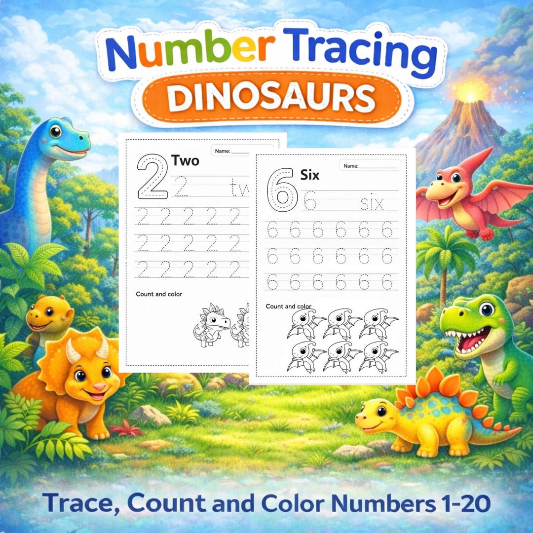 Number Tracing Dinosaurs Worksheets 1-20, Preschool Math Activity ...