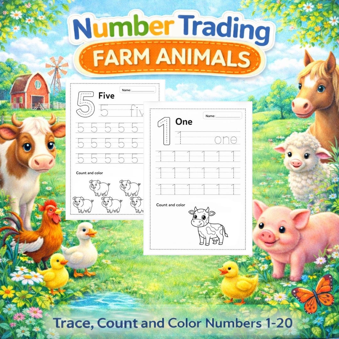 Number Tracing Farm Animals Worksheets 1-20, Preschool Math Activity ...