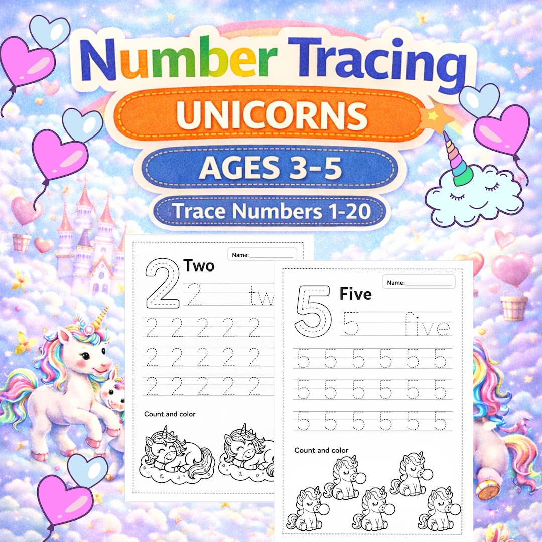 Number Tracing Unicorns Worksheets 1-20, Preschool Math Activity ...