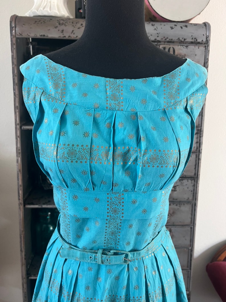 Vintage 1950's Turquoise and Gold Print Cotton Sundress Small - Etsy