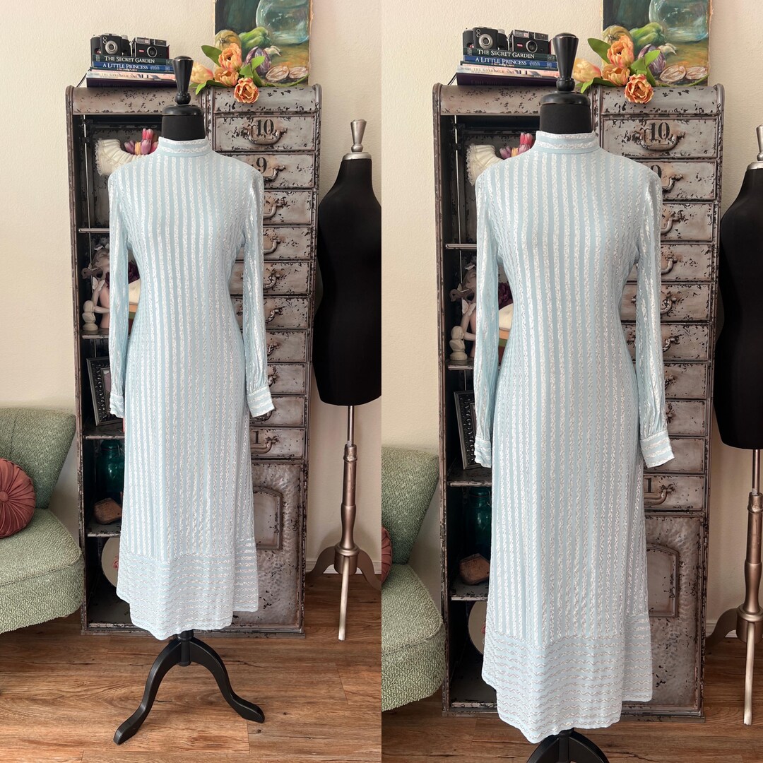 Vintage Early 1970's Miss Magnin Pale Blue and Silver Metallic Dress S ...