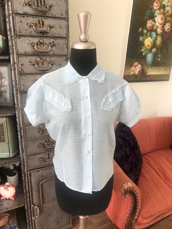Vintage 1950's Light Blue Sheer Blouse Large - Gem