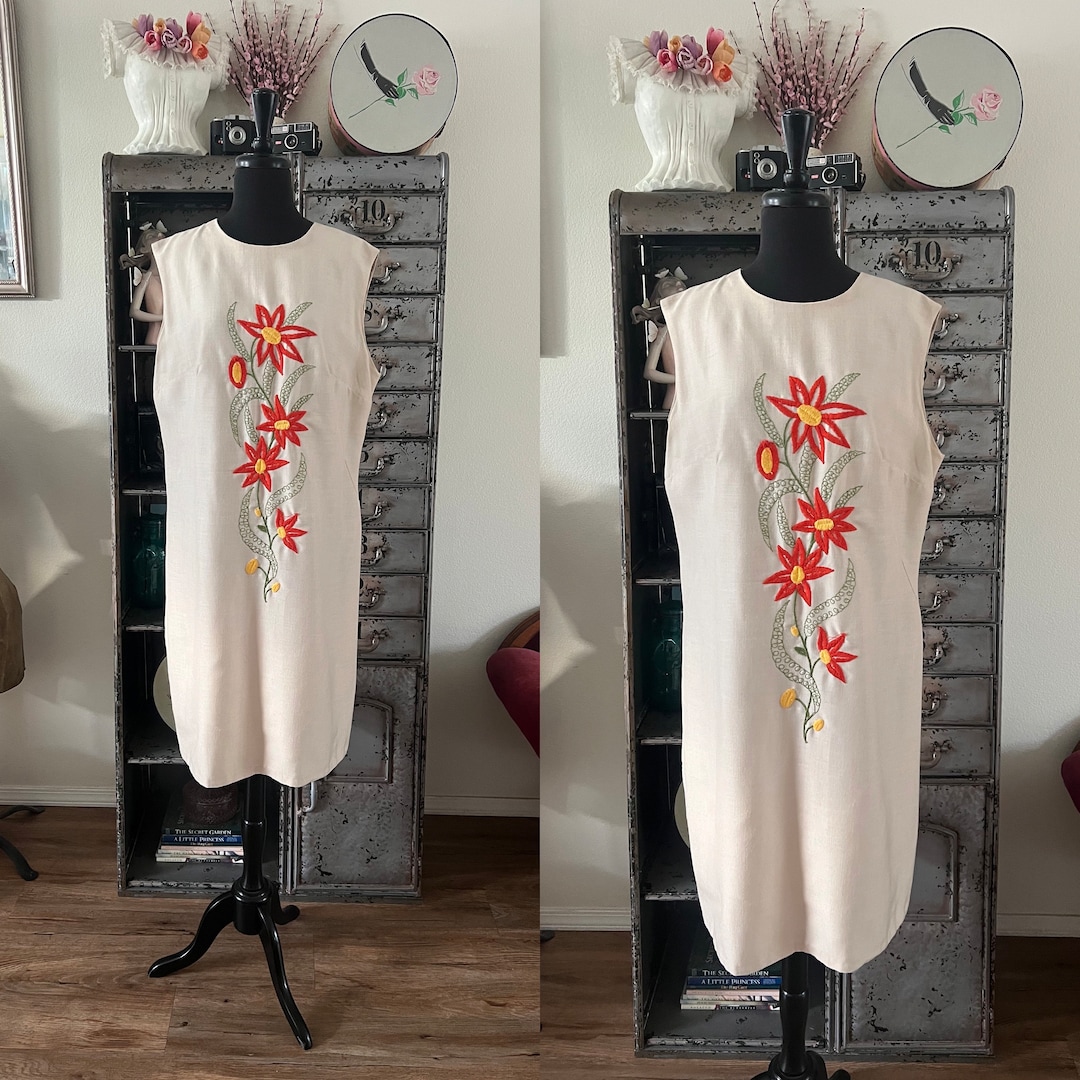 Vintage 1960's Tan Shift Dress With Orange Floral Embroidery XL XXL - Etsy