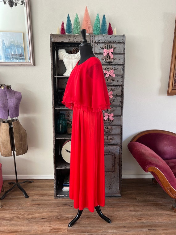 Vintage 1970's Red Dress with Sheer Flutter Sleeves M… - Gem