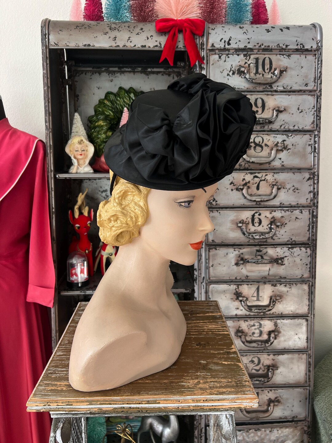 Vintage 1940's Black Satin Tilt Topper Hat - Etsy