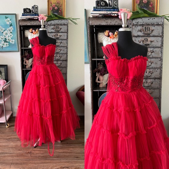 Vintage 1950's Emma Domb Cherry Red Prom Dress XXS - Gem